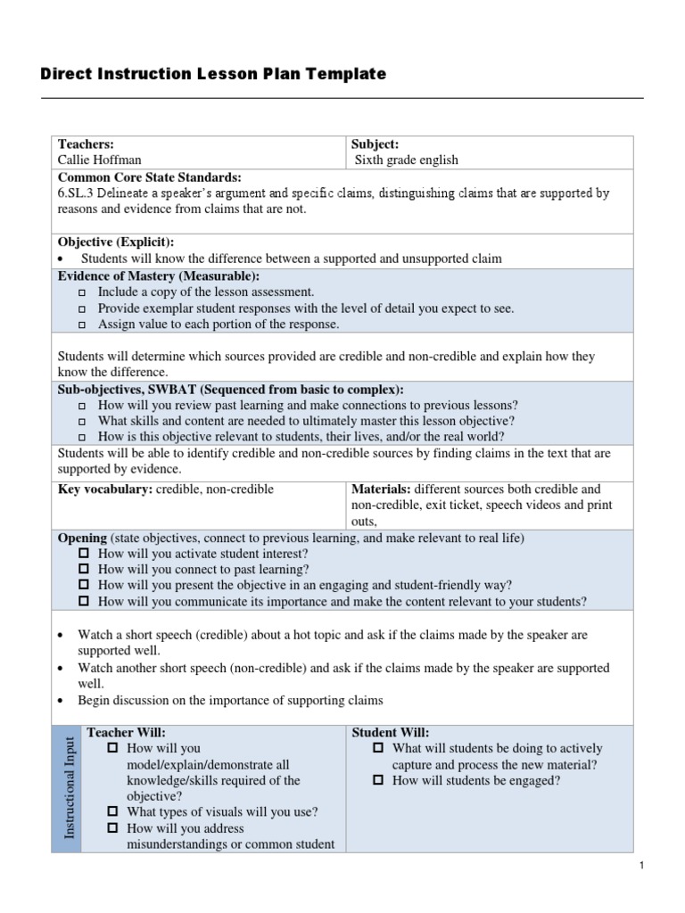 Direct Instruction Lesson Plan Template | Download Free PDF | Lesson ...