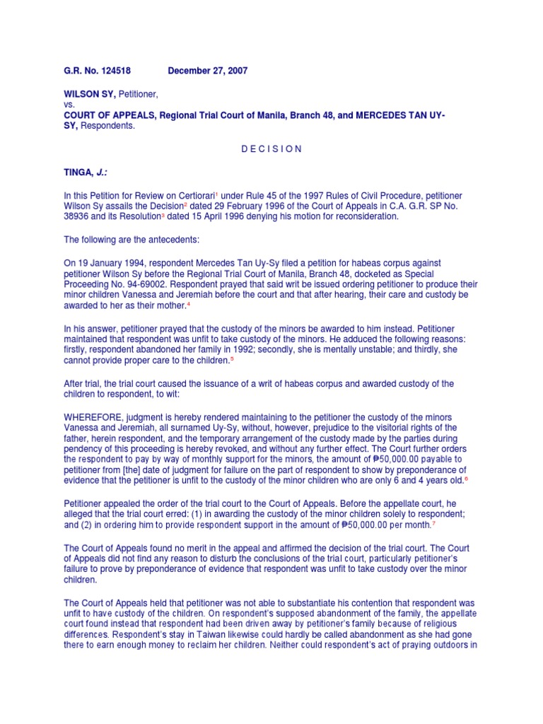 GR 124518 - Wilson Sy vs. CA | PDF | Child Custody | Habeas Corpus