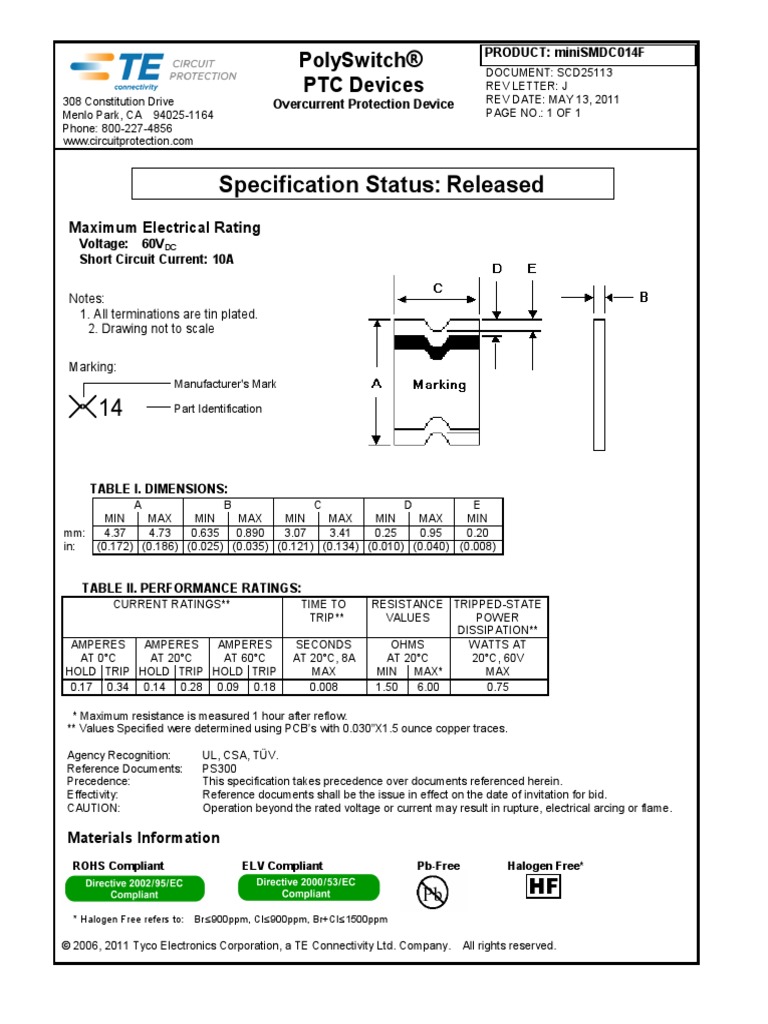 Polyswitch PTC Devices: Maximum Electrical Rating | PDF | Electrical ...