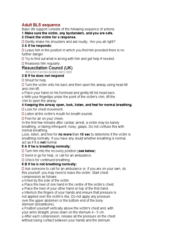Adult BLS Sequence | PDF | Cardiopulmonary Resuscitation | Medical ...