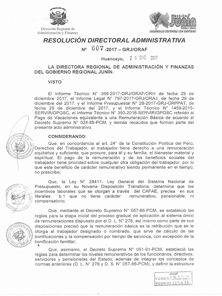 Resolucion Directoral Administrativa N 607-2017-Grj Oraf | PDF | Salario | Responsabilidad