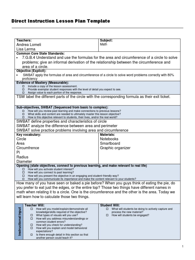 Direct Instruction Lesson Plan Template | PDF | Area | Teachers
