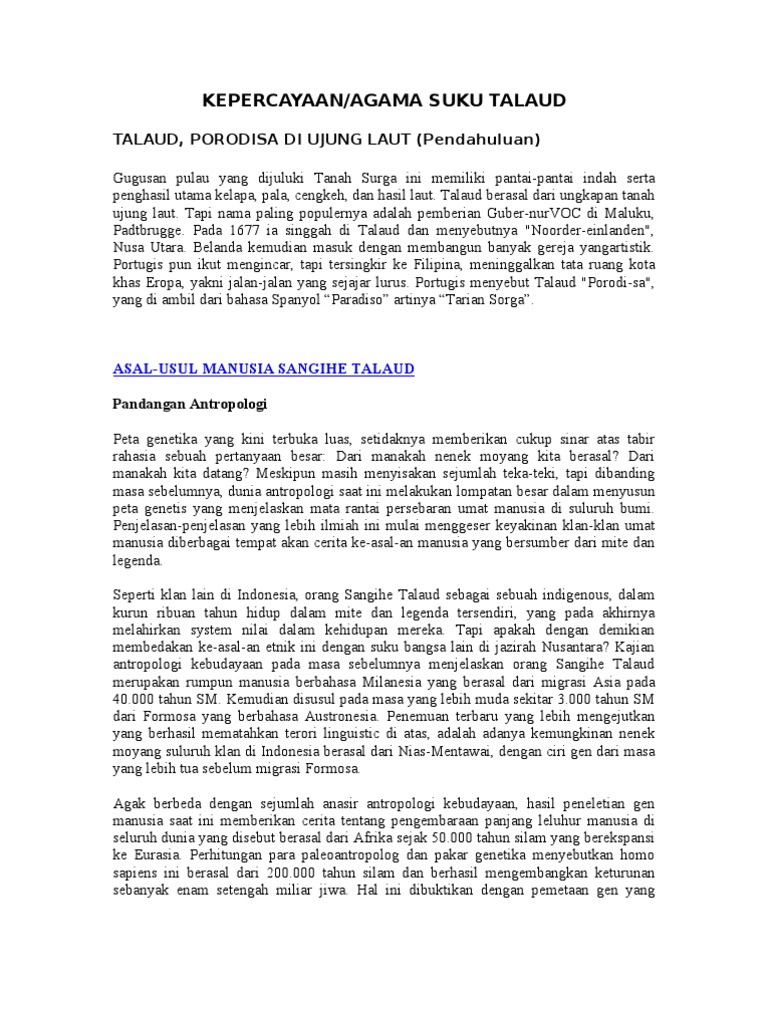 Kepercayaan dan Asal Usul Suku Talaud | PDF
