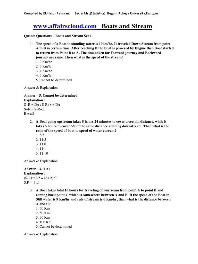 Boat and Stream Maths | PDF | Speed | River