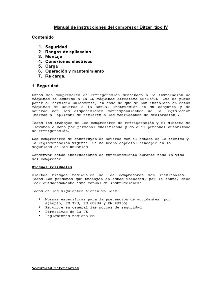 Manual de Instrucciones Del Compresor Bitzer Tipo IV | PDF