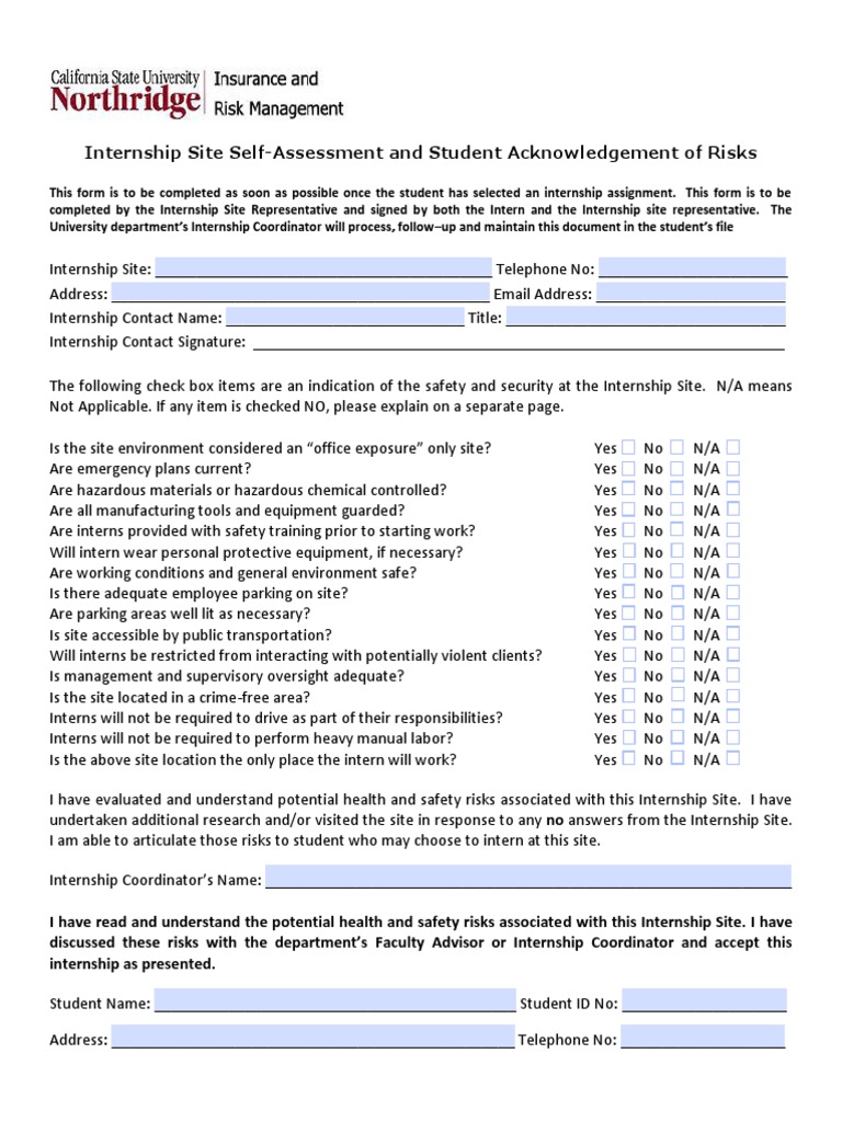 Internship Site Self Assessment Form | PDF | Occupational Safety And ...