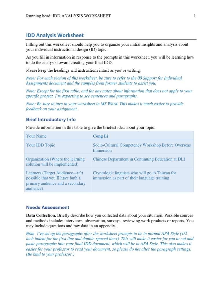 IDD Analysis Worksheet: Brief Introductory Info | PDF | Motivation ...