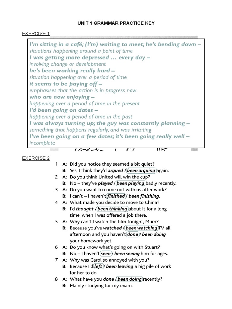 Exercise 1: Unit 1 Grammar Practice Key | PDF
