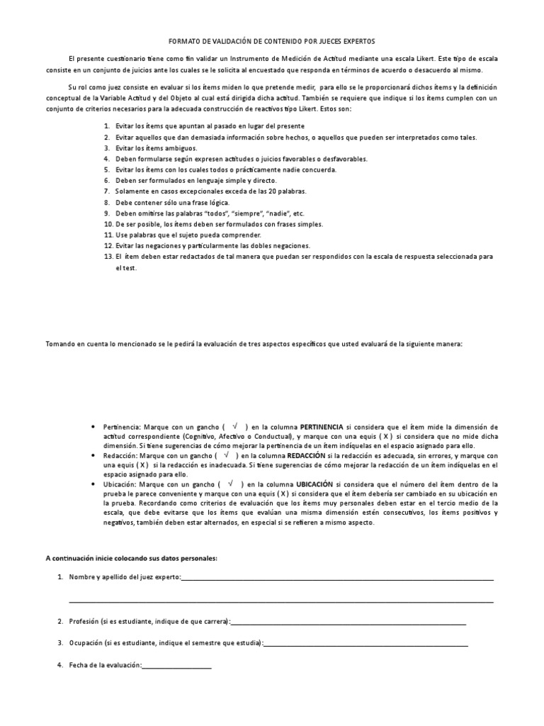 Formato de Validación de Cont Enido Por Jueces Expertos | PDF | Escala ...