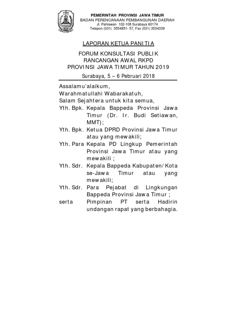 Laporan Panitia FKP Ranwal RKPD Jatim 2019 | PDF