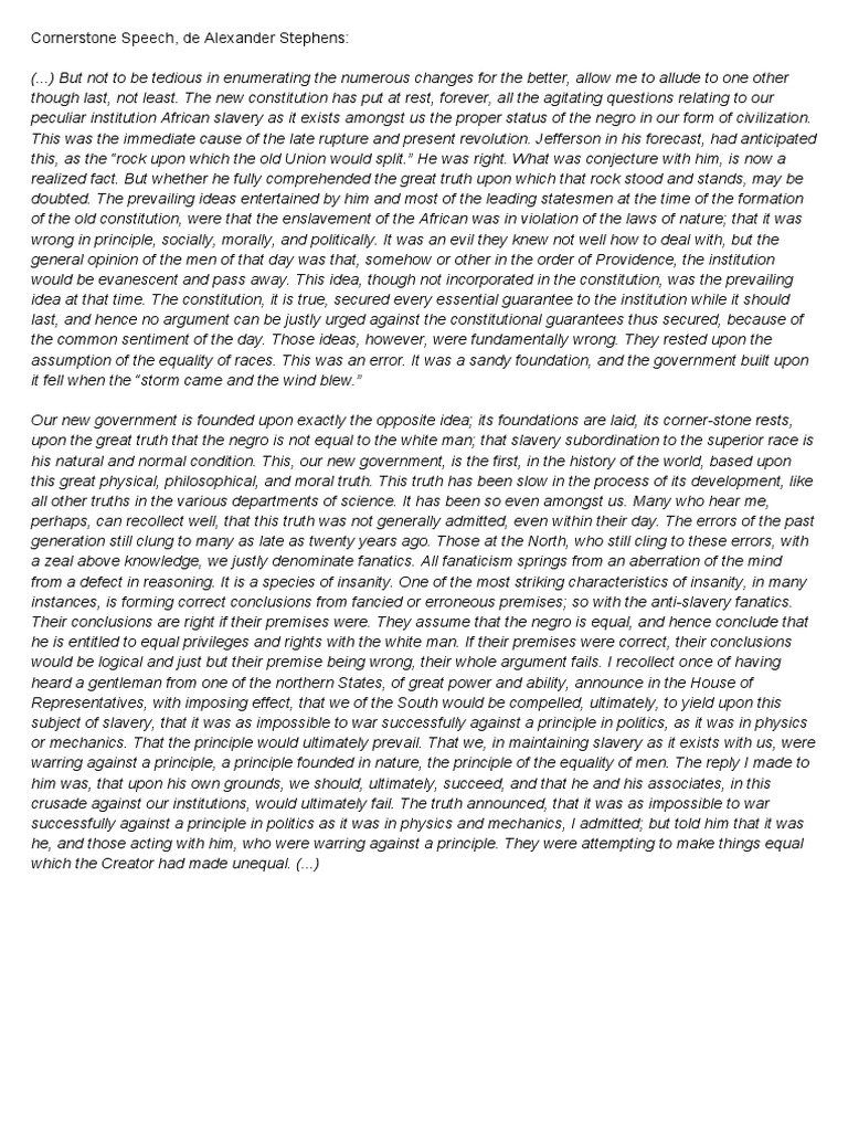 Cornerstone Speech, de Alexander Stephens | PDF | Metaphysics ...