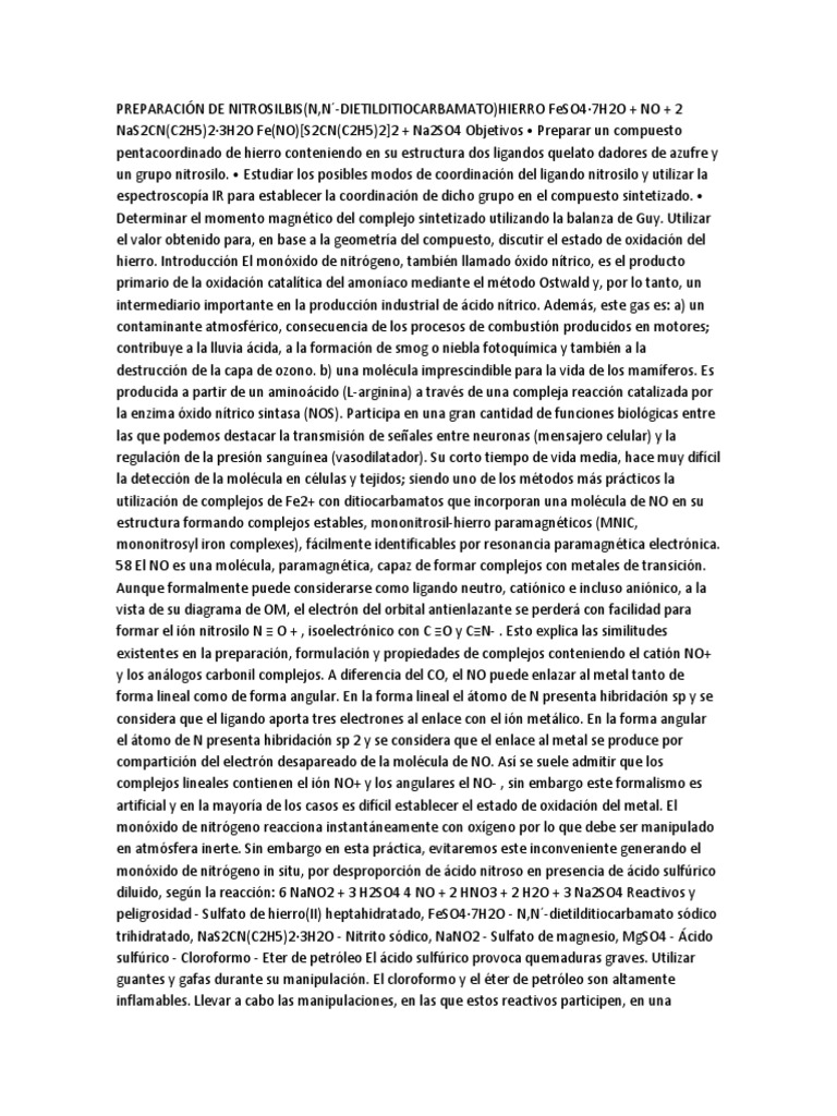 Síntesis de Nitrosil Hierro con Ditiocarbamato | PDF | Óxido nítrico ...