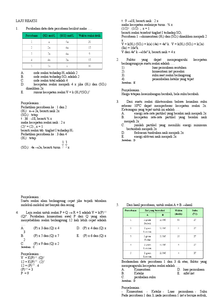Soal Laju Reaksi Dan Pembahasan | PDF