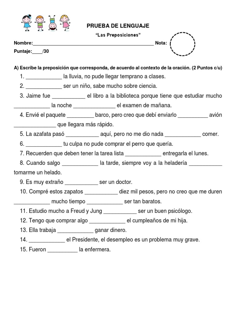 Prueba de Lenguaje Preposiciones | PDF