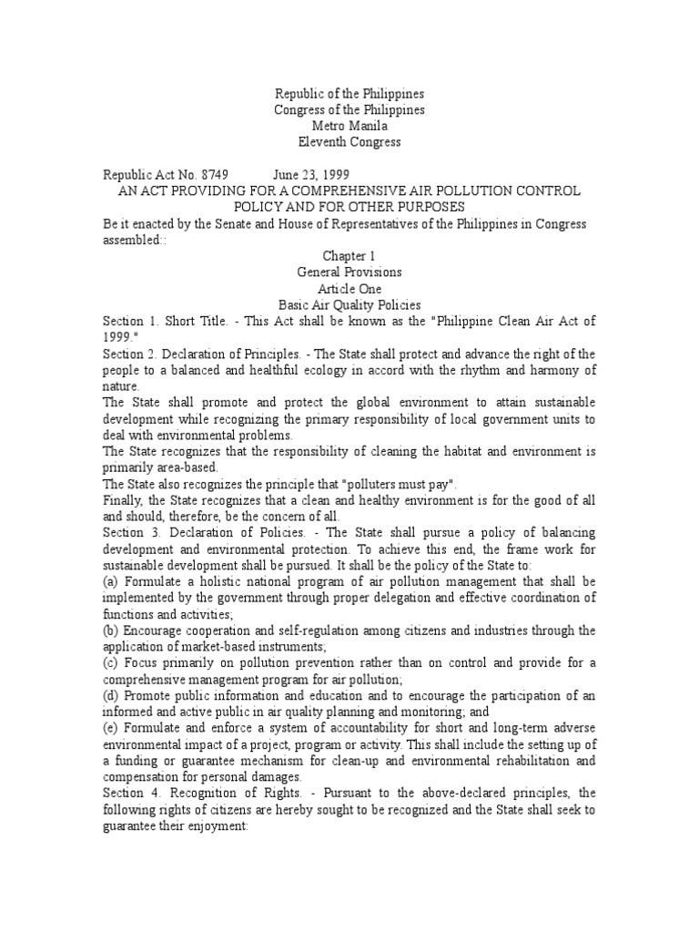 RA 8749 - Clean Air Act | PDF | Air Pollution | Emission Standard