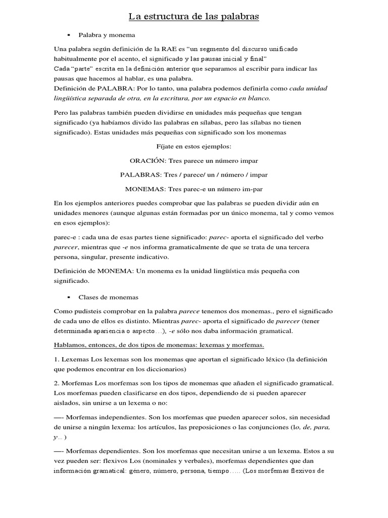Estructura y tipos de monemas | PDF | Oración (Lingüística) | Palabra