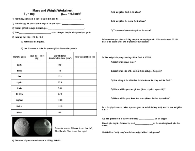 Difference Mass And Weight Worksheet Mass To Weight Conversion