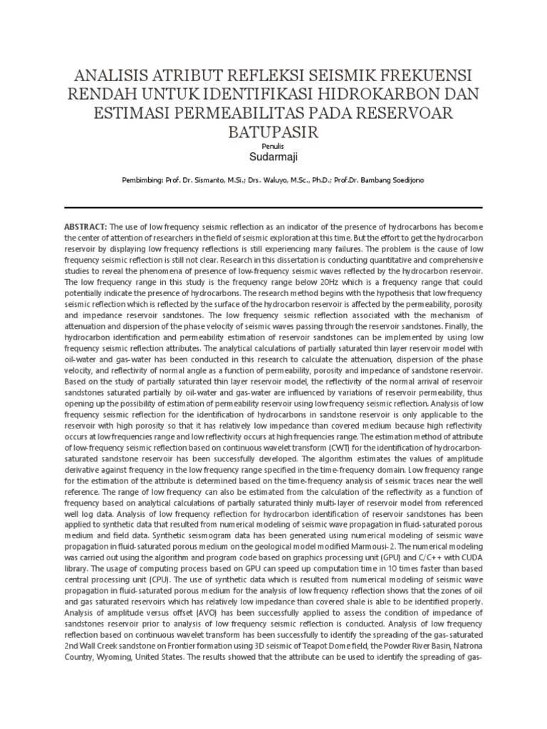 Analisis Atribut Refleksi Seismik Frekuensi Rendah Untuk Identifikasi Hidrokarbon Dan Estimasi ...