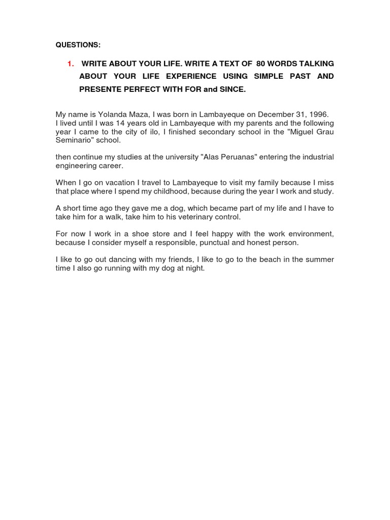 Write About Your Life. Write A Text of 80 Words Talking About Your Life ...