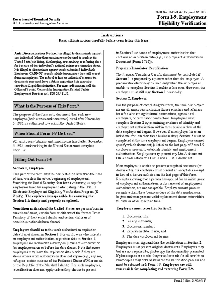 Instructions: Form I-9, Employment Eligibility Verification | PDF | E ...