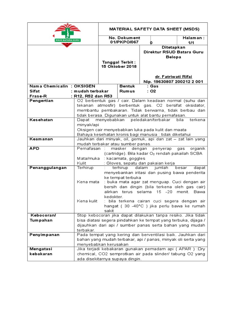 Material Safety Data Sheet Oksigen | PDF
