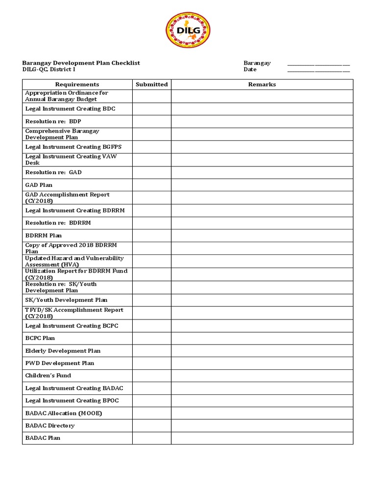 Barangay Development Plan Checklist Updated | PDF