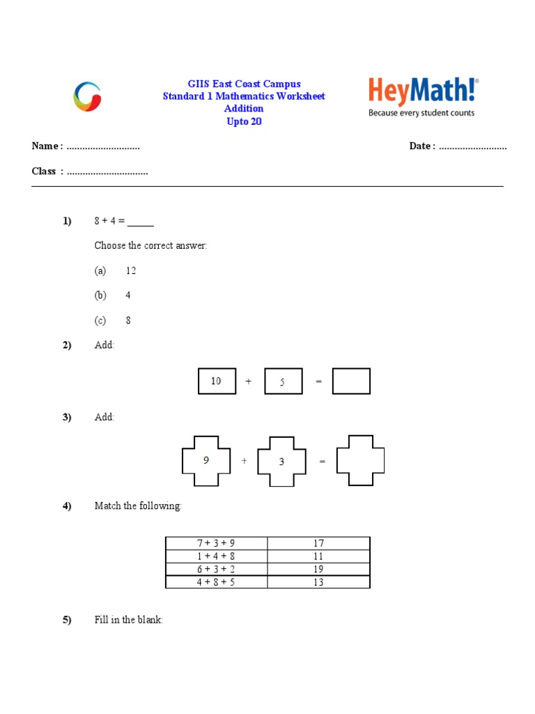GIIS East Coast Campus Standard 1 Mathematics Worksheet Addition Upto ...