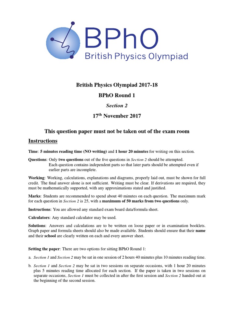 BPhO Round 1 Exam Paper 2017-18 | PDF | Lens (Optics) | Refractive Index