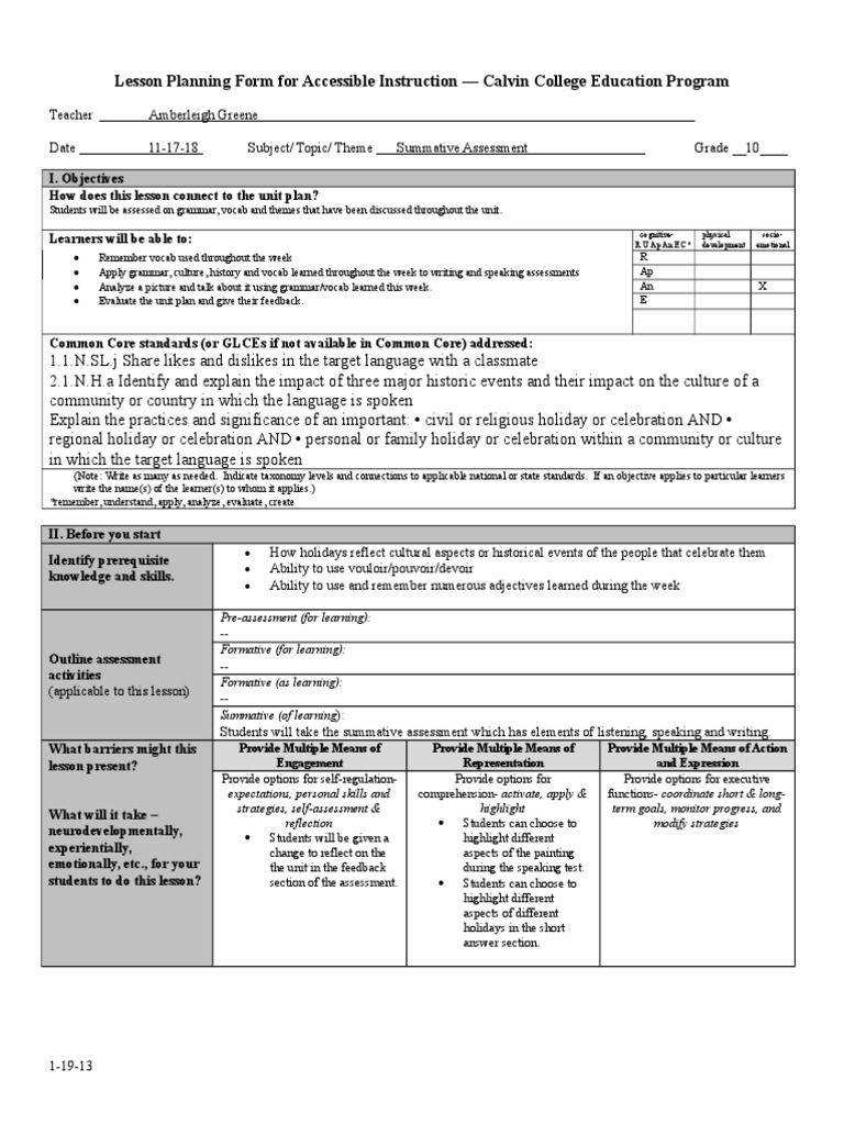 Lesson Planning Form For Accessible Instruction - Calvin College ...