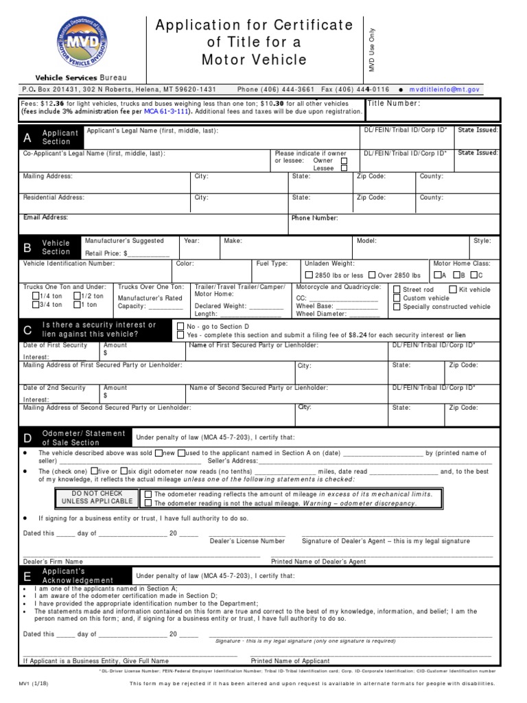 Vehicle Title Application Form | PDF | Identity Document | Truck