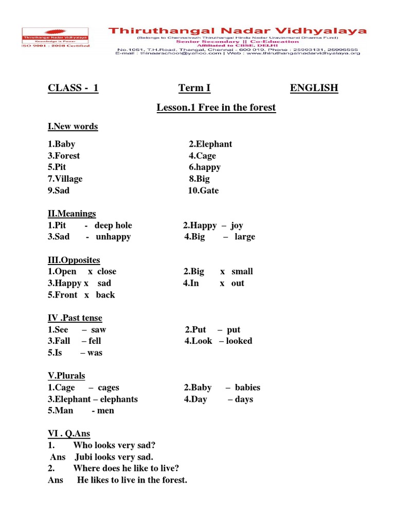 Class - 1 Term I English Lesson.1 Free in The Forest | PDF | Gray Wolf ...