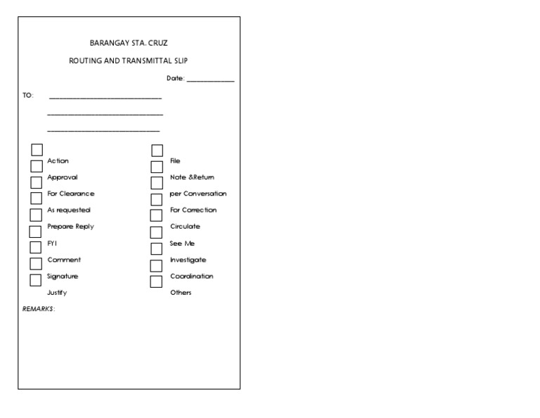 Barangay Sta. Cruz Routing and Transmittal Slip: Remarks | PDF
