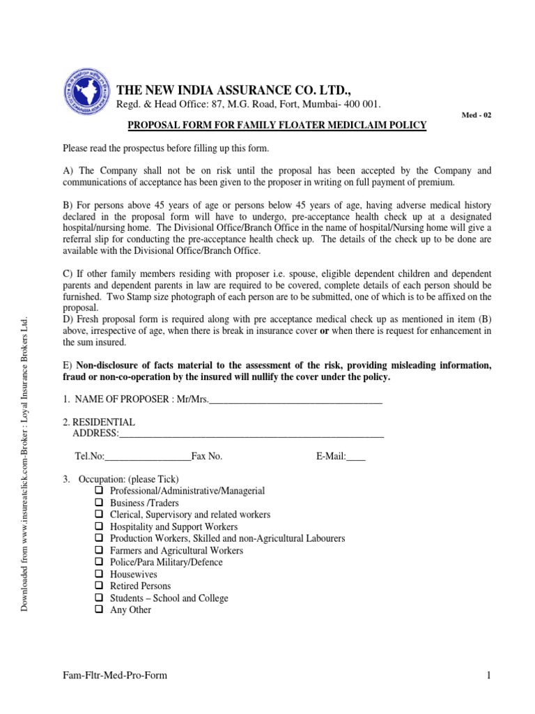 New India Family Floater Mediclaim Proposal Form | Medicaid | Insurance
