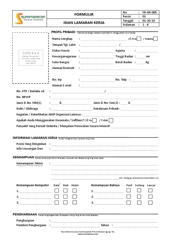 005.form Isian Lamaran Kerja Rev 01 Feb 17-1 PDF | PDF
