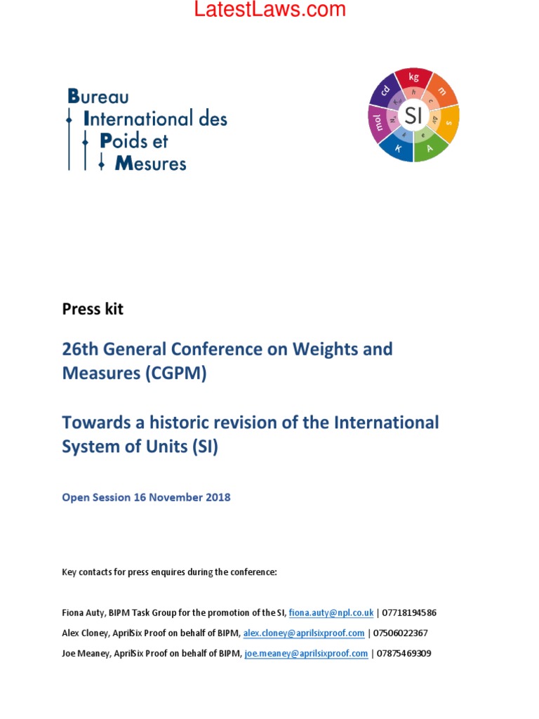 26th General Conference On Weights and Measures (CGPM) Paris For ...