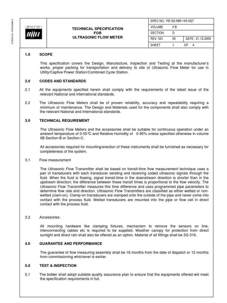 Ultrasonic Flow Meter Specs | PDF | Flow Measurement | Specification ...