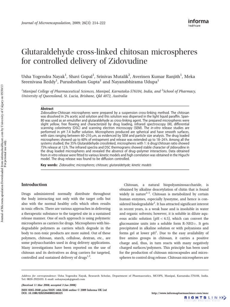 Glutaraldehyde Cross-Linked Chitosan Microspheres For Controlled ...