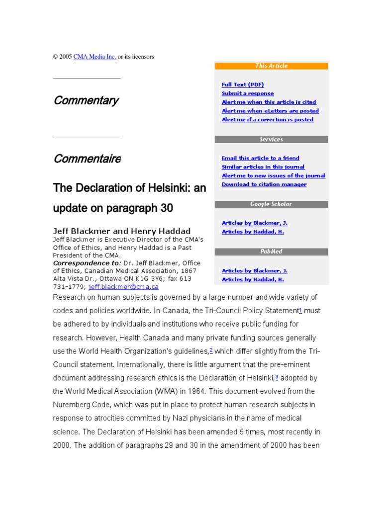 Commentary: The Declaration of Helsinki: An Update On Paragraph 30 ...