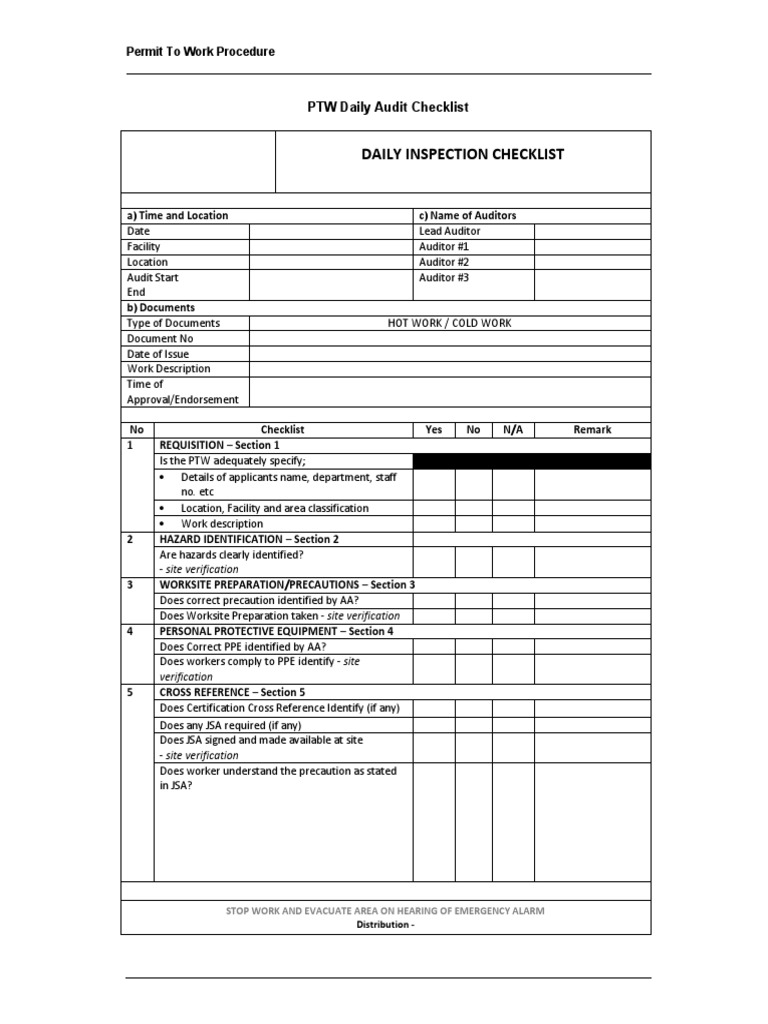 Sample - PTW Daily Inspection Checklist Part 1 | PDF