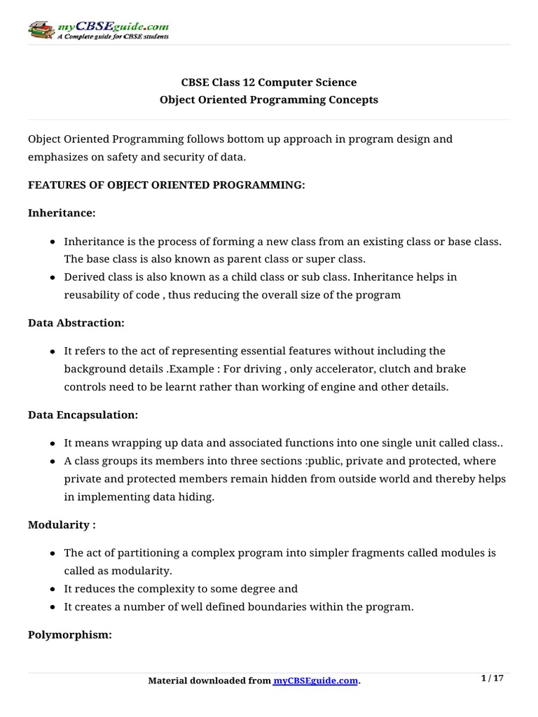CBSE Class 12 Computer Science Object Oriented Programming Concepts | PDF | Inheritance (Object ...