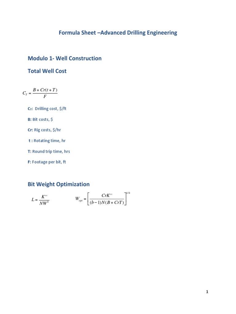 Formula Sheet - Advanced Drilling Engineering | PDF | Soft Matter | Liquids