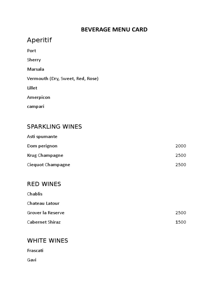 Beverage Menu Card PDF