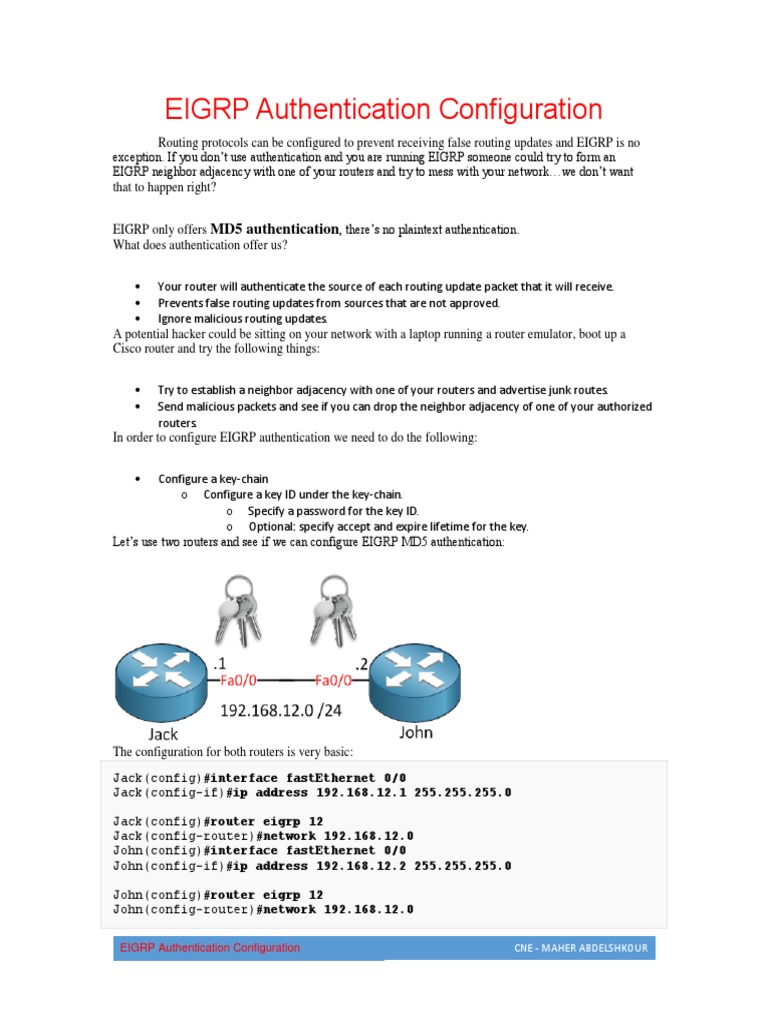 CCNA - EIGRP Authentication Configuration | PDF | Routing | Router (Computing)