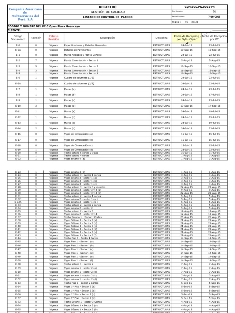 Listado Control Planos Vigentes Open Hyo | PDF | Paisaje | Ingeniería ...