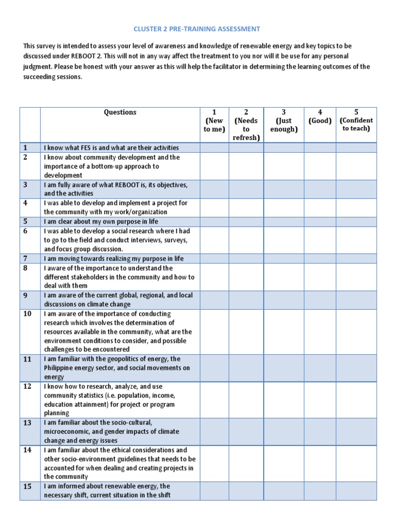 REBOOT2 Cluster2 Pre-Training Assessment Form | PDF | Community | Knowledge