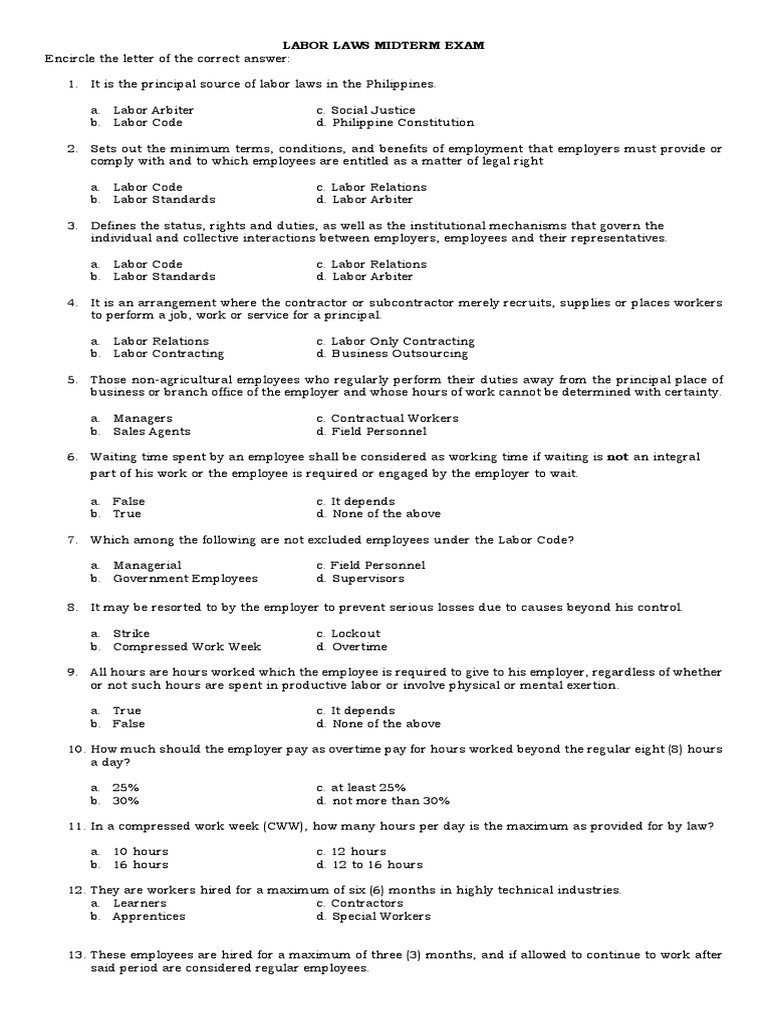 Labor Laws Midterm Exam | PDF | Employment | Independent Contractor