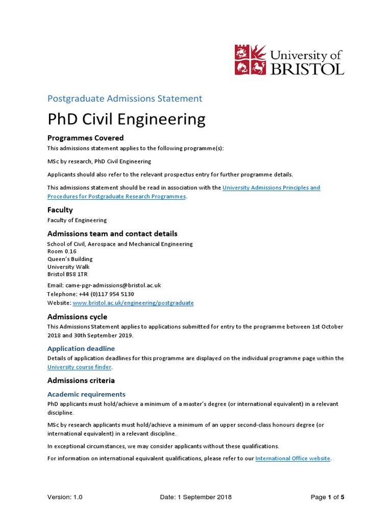PHD Civil Engineering: Postgraduate Admissions Statement | PDF ...