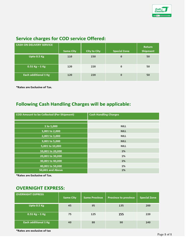 Service Charges For COD Service Offered:: Rates Are Exclusive of Tax | PDF