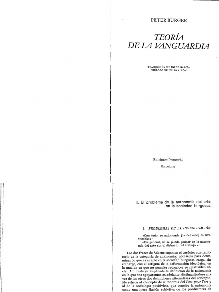Peter Burger Teoria de La Vanguardia PDF | PDF | Immanuel Kant | Estética