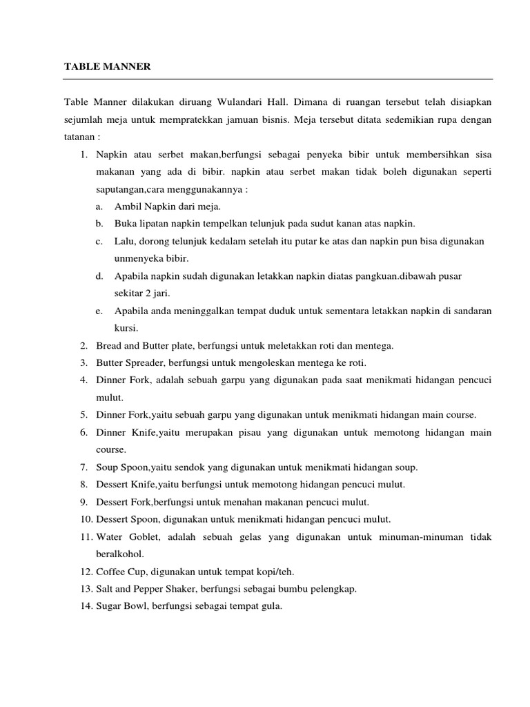 Table Manner | PDF | Memasak, Makanan, & Anggur